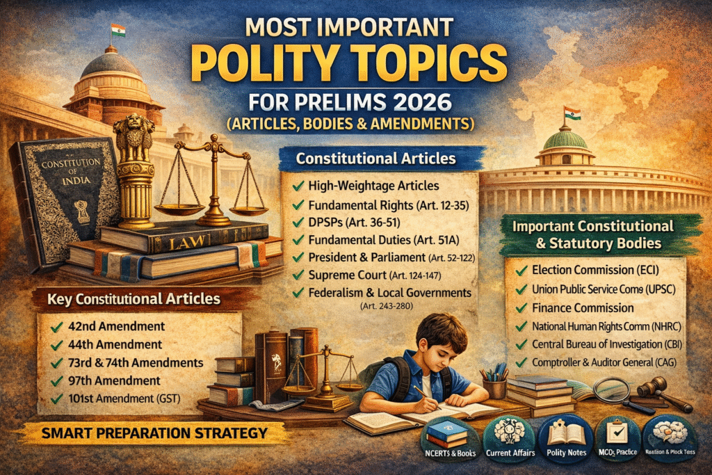 MOST IMPORTANT POLITY TOPICS FOR PRELIMS 2026 (Articles, Bodies ...